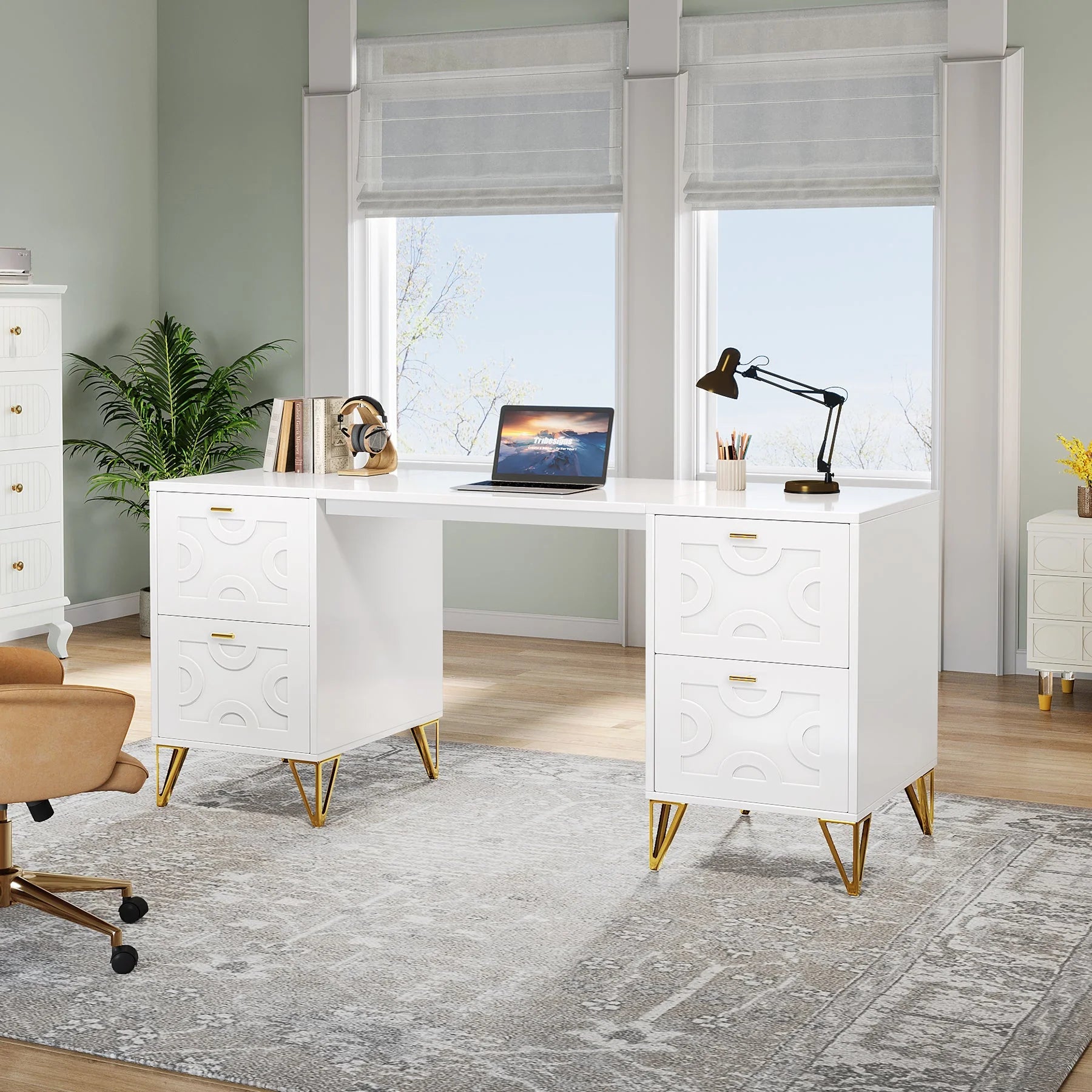 White Computer Desk with File Drawers, Wood Executive – Salvage & Co Indy