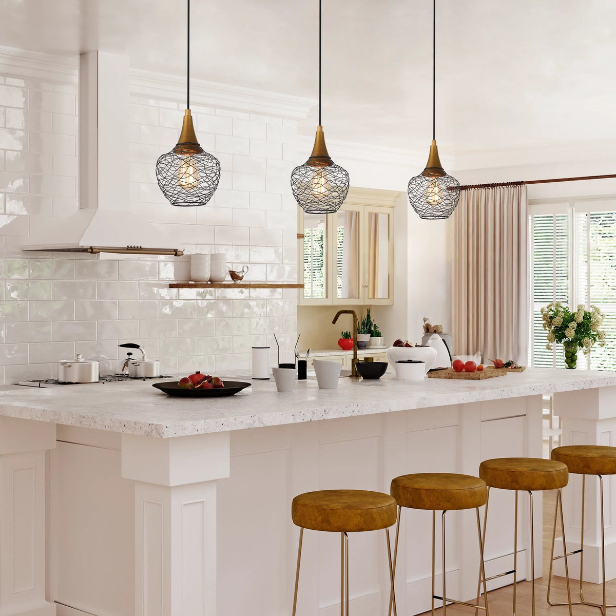Modern Mini Farmhouse Metal Cage Gold Pendant 1-Light Black Wire Kitch ...