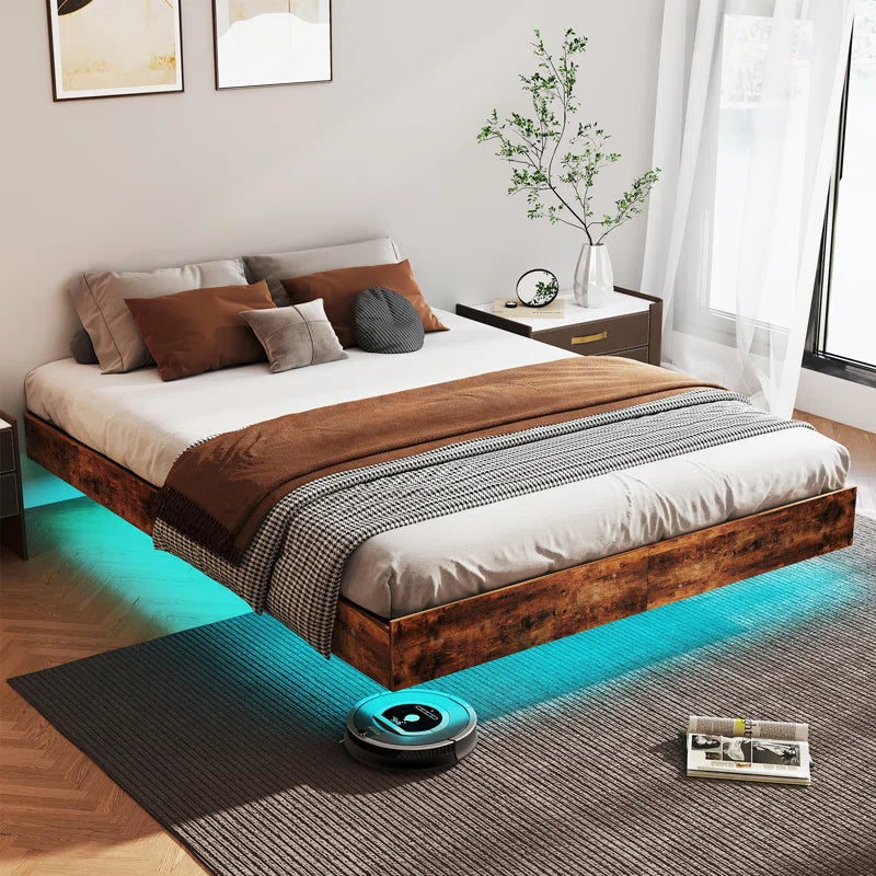 Cowen Floating Bed Frame with LED Lights Metal Slats Underbed Storage ...