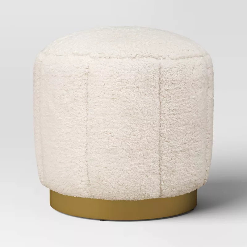 Galena Channel Tufted Shearling Brass Ottoman Cream Round Pouf ...