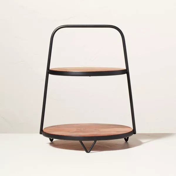 2-Tier Wood & Metal Serving Stand Brown/Black - Acacia Tiered Tray Dis ...