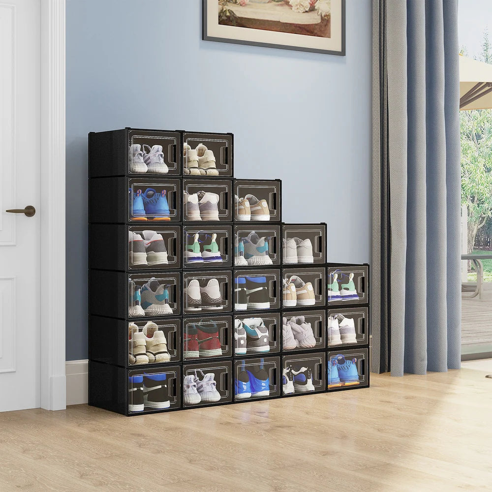 XL 24 Pack Shoe Storage Boxes Clear Plastic Stackable Shoe Organizer ...