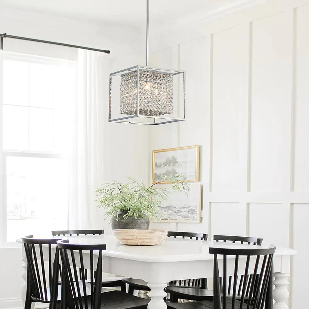 Modern Chrome 3-Light Rectangle Iron Frame Crystal Pendant Lamp ...