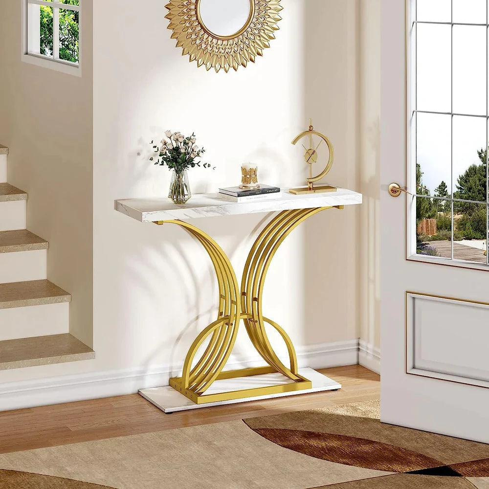 Modern Gold Console Sofa Table with Marbling Top for Entryway Hallway ...