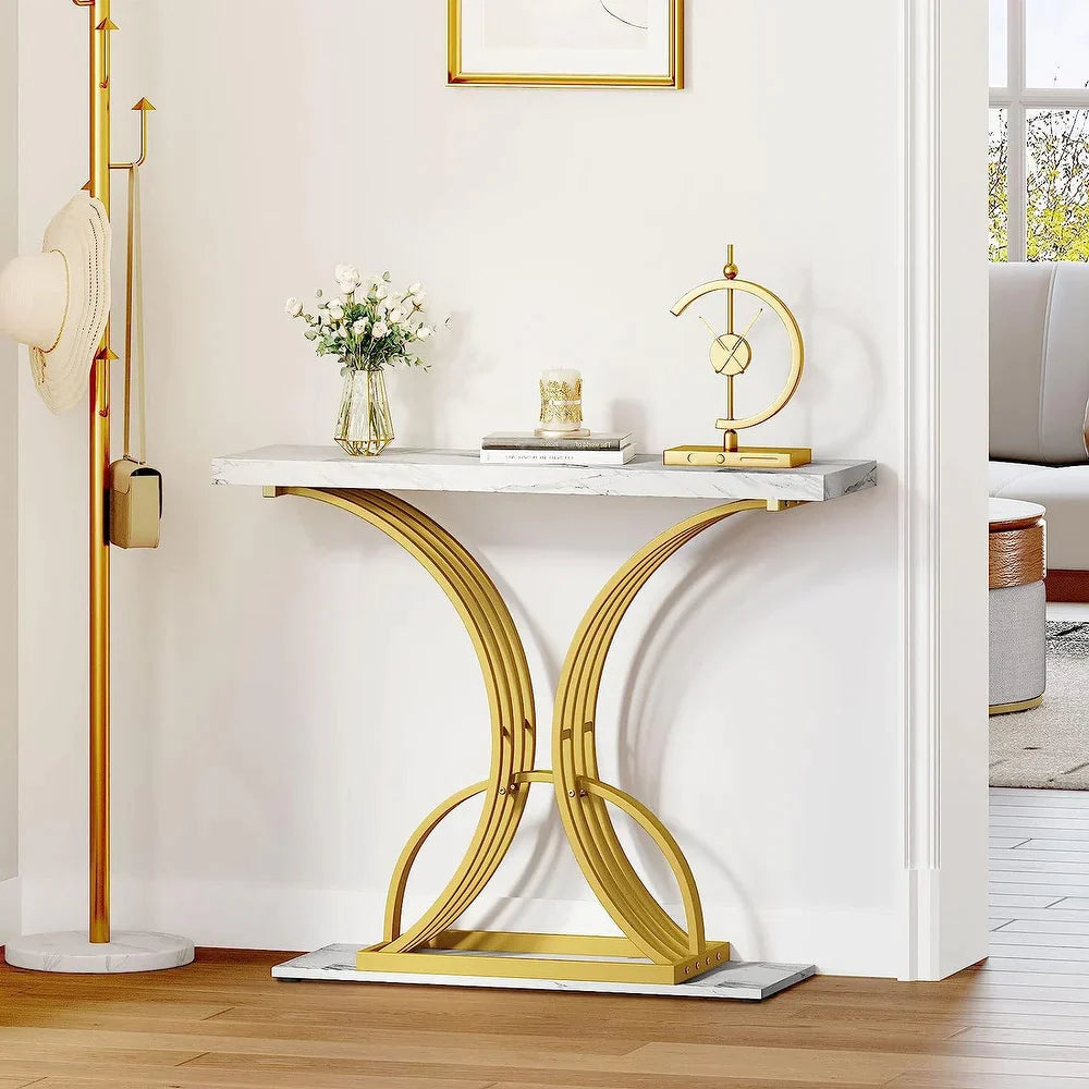 Modern Gold Console Sofa Table with Marbling Top for Entryway Hallway ...