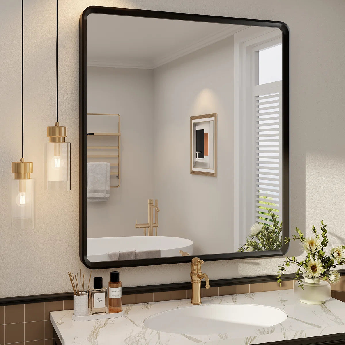 Molly Beveled Edge Metal Framed Tempered Glass Wall Mounted Rectangula ...