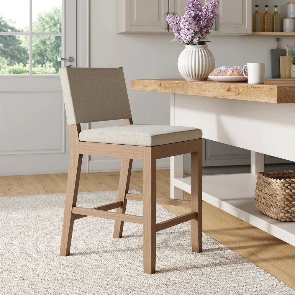 Linus Modern Upholstered Bar Stool with Back and Solid Rubberwood Legs ...