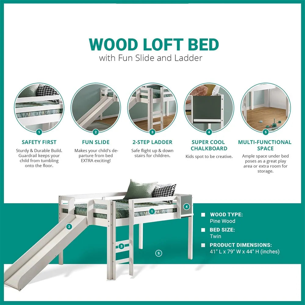 Cindy Kids Loft Bed with Slide, Twin Loft Bed with Slide, Loft Bed wit ...