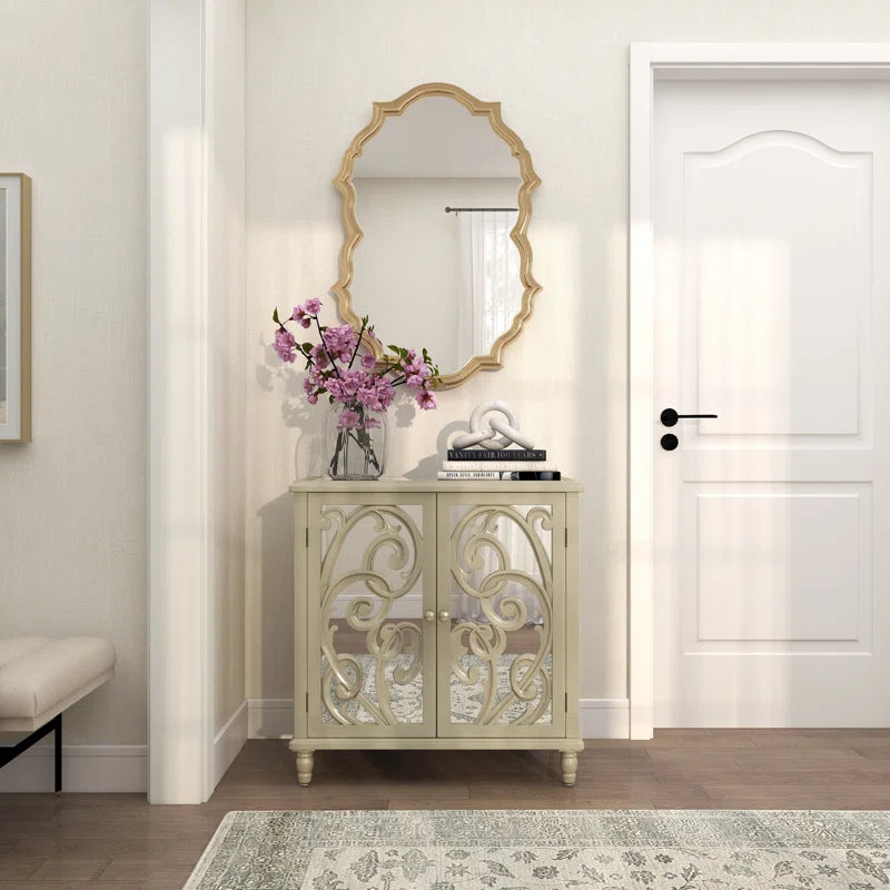 Wood Intricately Carved 1 Shelf and 2 Doors Scroll Room Cabinet with M ...