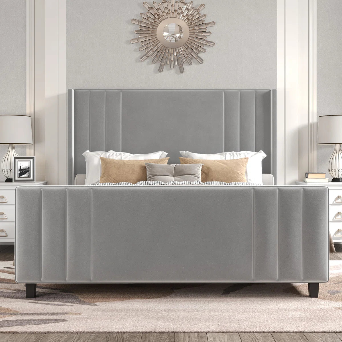 Tole Velvet Upholstered Platform Bed with Vertical Channel Tufted Head ...