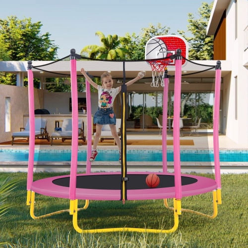 Mini Toddler Trampoline in Pink with Enclosure Basketball Hoop and Bal ...