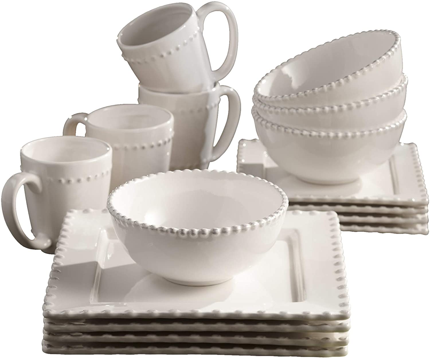 American Atelier Bianca Bead Square 16-Piece Dinnerware Set, White ...