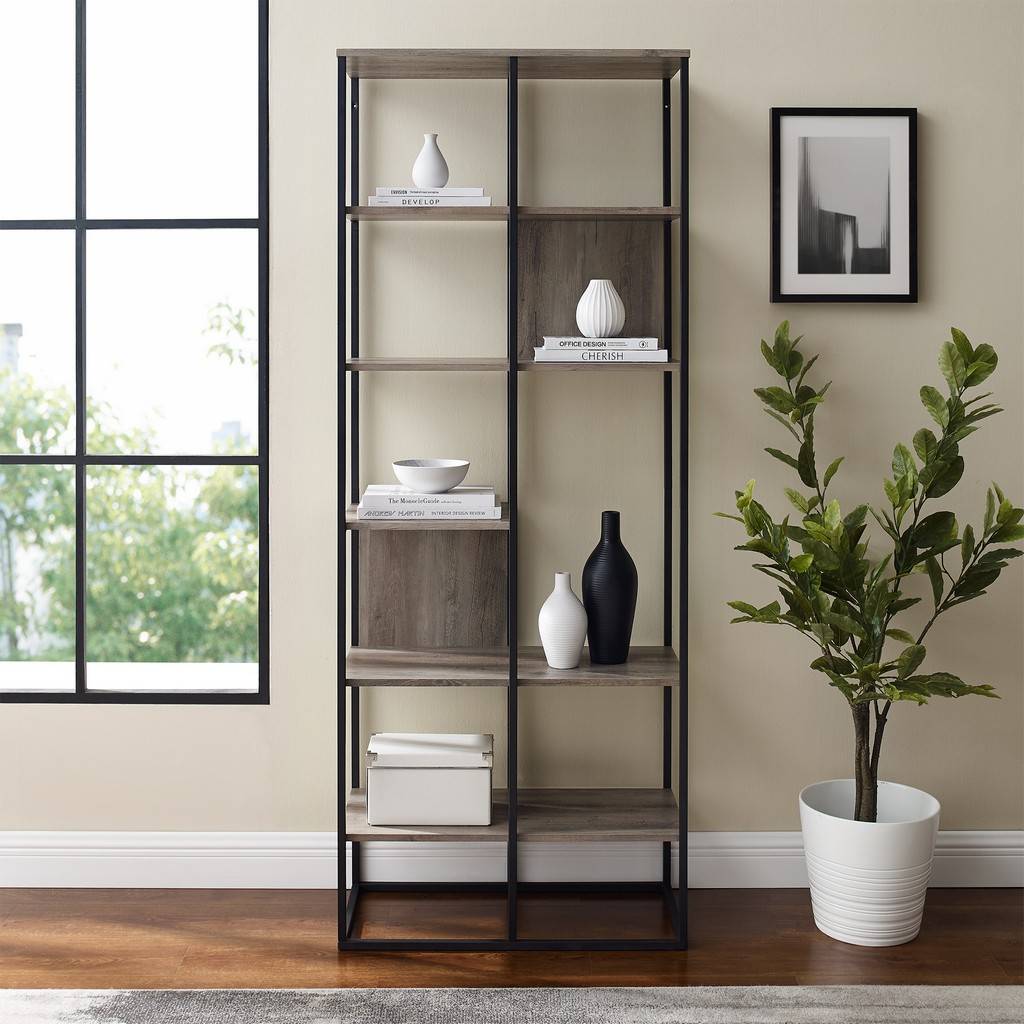Modern Industrial Metal and Wood Bookshelf – Grey Wash – Salvage & Co Indy