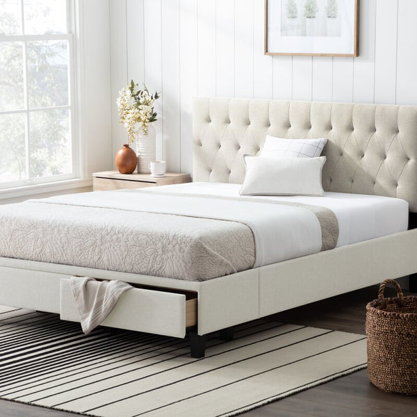 Tufted upholstered low profile storage platform bed store